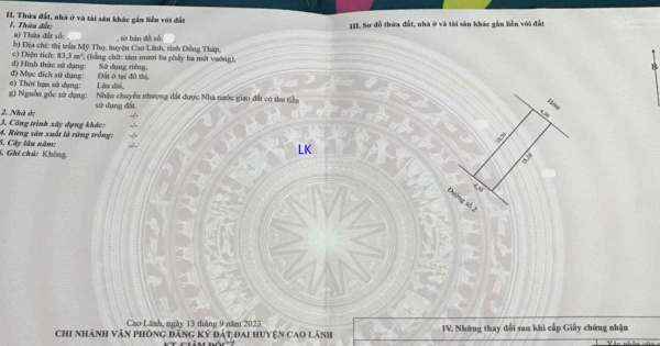 Bán nền: 83m2 (4.5m x 18.5m, thổ 100%). KDC TT Mỹ Thọ, H. Cao Lãnh