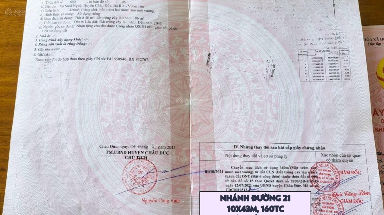 Bán 10m nhánh đường 21 hướng ra QL56, 2 mặt tiền trước sau, Suối Nghệ