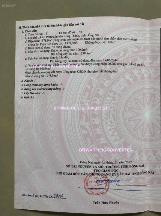 Cần bán lỗ đất Long Thành xã An Phước, diện tích 1378,9m2 có 100m2 ONT ...