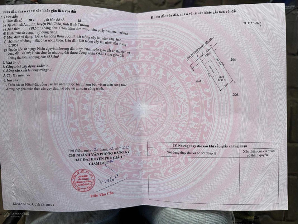 Bán lô đất 988,5m2 có 300m2 thổ cư xã An Linh, Phú Giáo Bình Dương