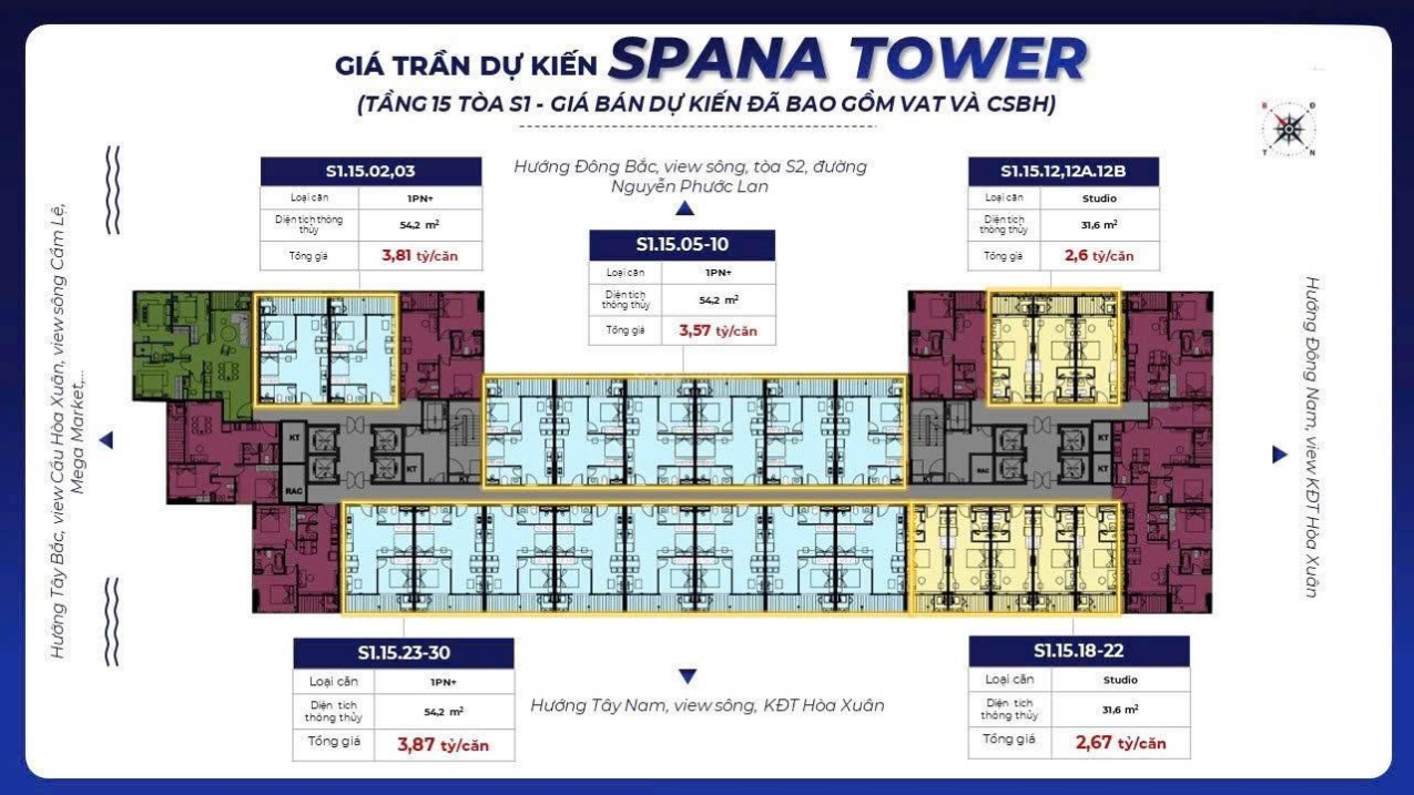 Căn hộ Spana Tower Hoà Xuân, 2 căn 1BR+. Tầng cao đẹp cuối cùng giá gốc ...