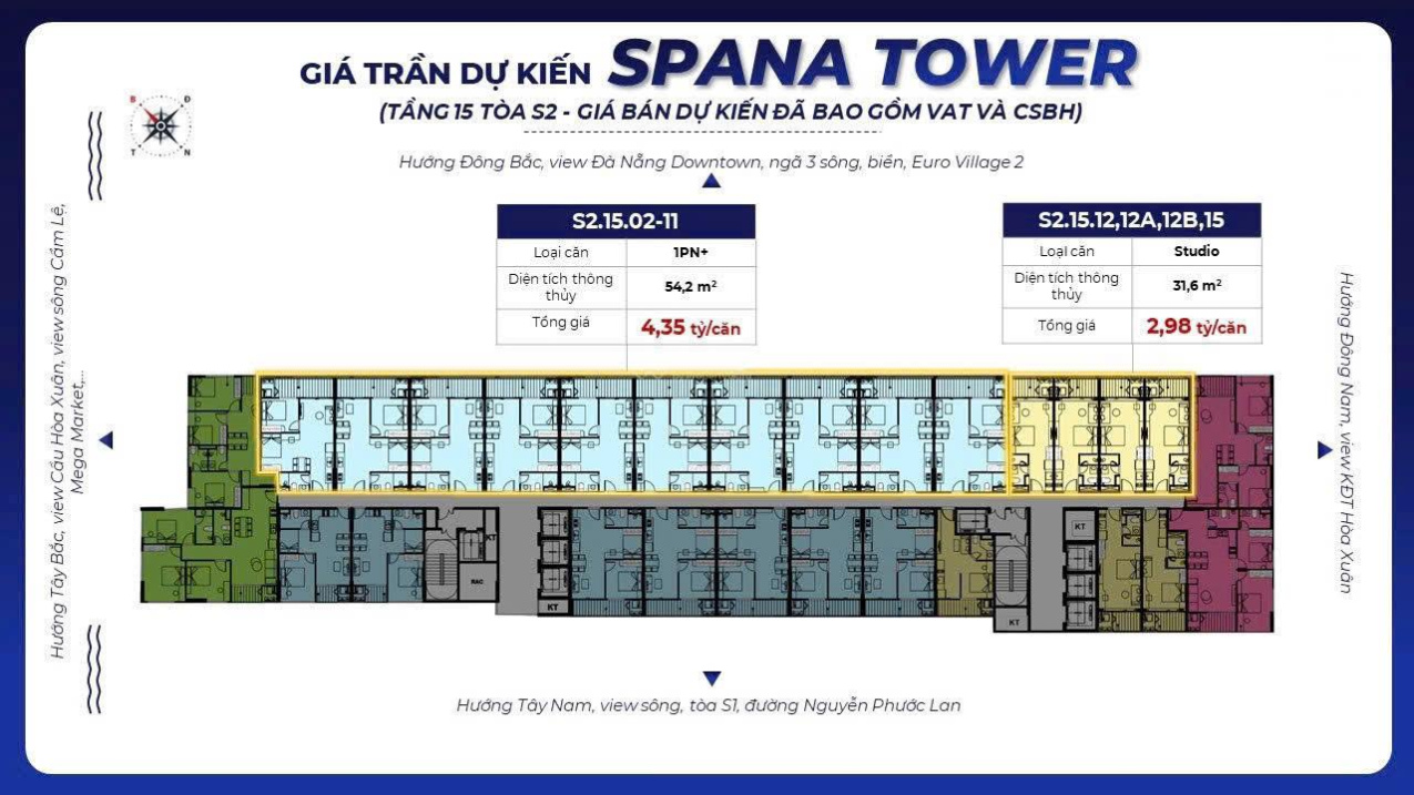 Căn hộ Spana Tower Hoà Xuân, 2 căn 1BR+. Tầng cao đẹp cuối cùng giá gốc ...