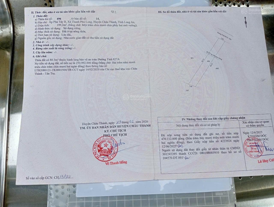 Bán đất mặt tiền đường nhựa 827A nhựa 18 m tại xã Thanh Phú Long, 1,55 tỷ, 199,2 m2, pháp lý đầy đủ