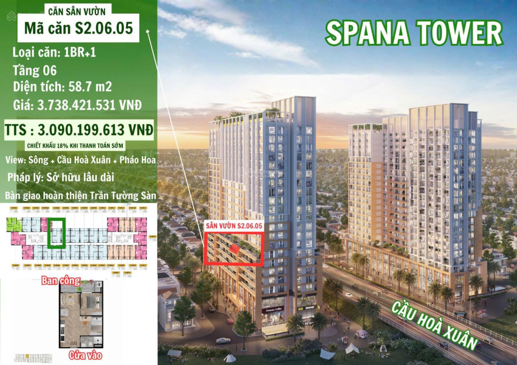 3.1 tỷ - duy nhất căn 1PN+1 sân vườn view pháo hoa - Spana Tower