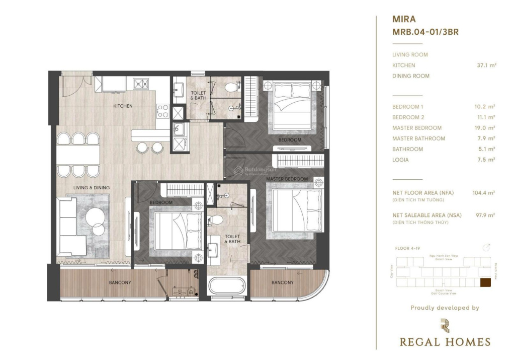 Căn 3 Phòng ngủ vip siêu đẹp tại tòa Mira- Regal Complex, ban công Đông ...